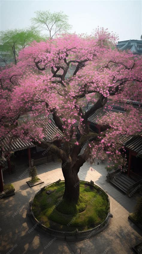 Premium Ai Image A Tree In A Courtyard With A Chinese Building In The