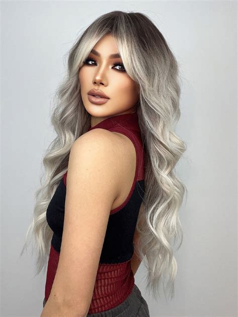 Haircube 26 Inch Long Natural Curly Wavy Wig With Bangs Ombre Platinum Blonde Synthetic Wigs
