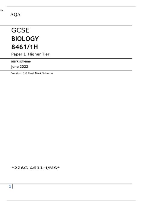 Aqa Gcse Biology 8461 1h Paper 1 Higher Tier Together With Mark Scheme