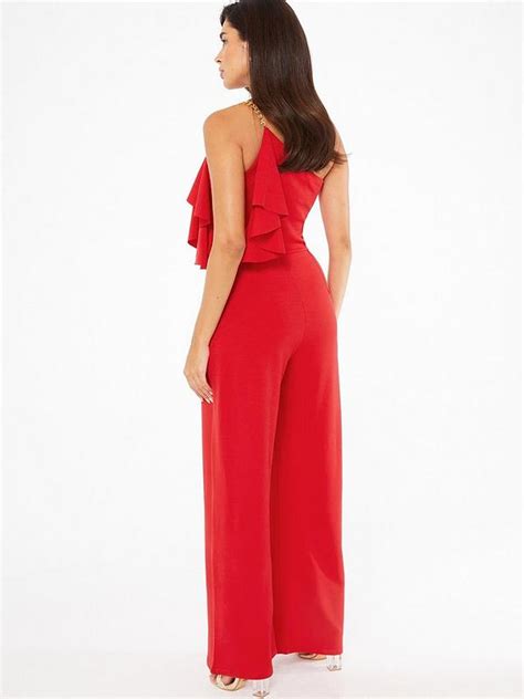 Quiz Red One Shoulder Frill Palazzo Jumpsuit Very