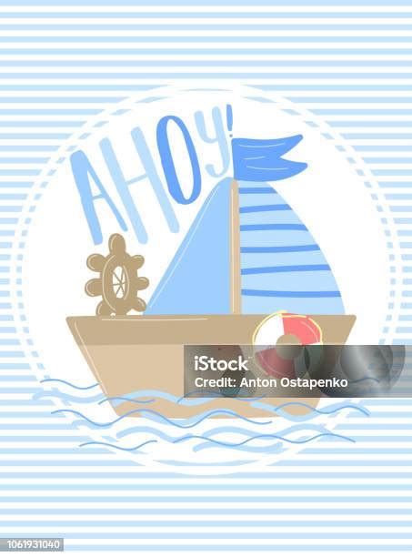 줄무늬 파란색 배경에 어이 비 문 가진 우주선의 벡터 이미지 소년 선원에 대 한 바다 테마에 그림 초대 카드 서식 파일 휴가 생일 줄무늬에 대한 스톡 벡터 아트 및 기타