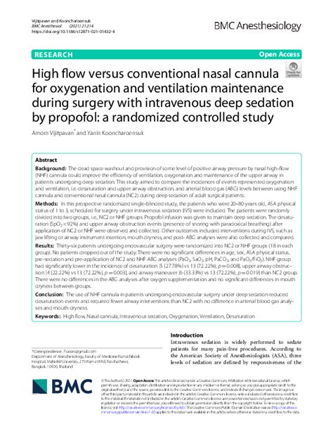 Pdf High Flow Versus Conventional Nasal Cannula For Oxygenation And