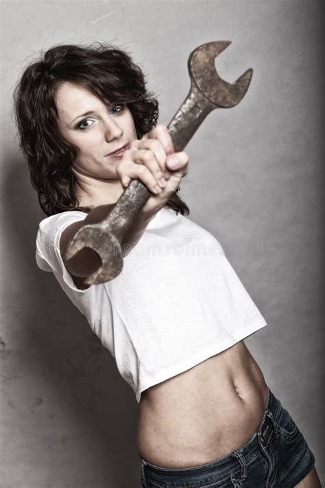 Girl Repairman Holding Hammer Tool Stock Photo Image Of Repairman Femininity 40770120