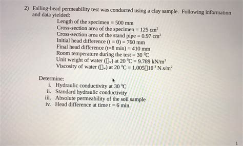 Solved 2 Falling Head Permeability Test Was Conducted Using