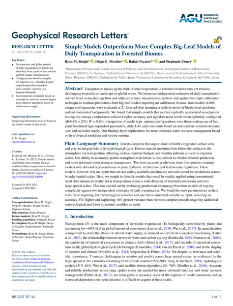 PDF Simple Models Outperform More Complex BigLeaf Models Of Daily