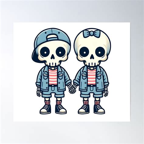 Cute Preppy Skeletons Holding Hands Poster Wall Art Modern Wall Decor