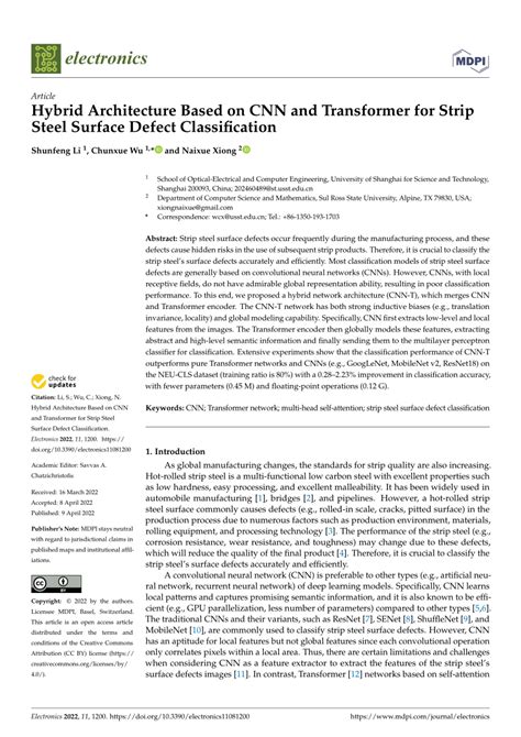 Pdf Hybrid Architecture Based On Cnn And Transformer For Strip Steel Surface Defect Classification