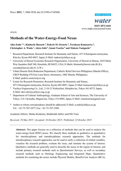 PDF Methods Of The Water Energy Food Nexus