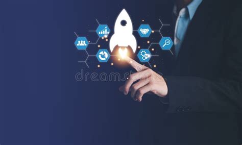 Startup Concept Businessman Hand Touch Rocket Launch Icon And Network