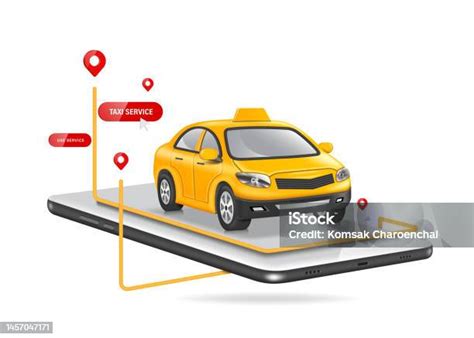 스마트 폰의 노란색 택시 또는 택시가 노란색 Gps를 따라 승객을 내리고 빨간색 핀을 해당 위치로 라우팅하기 위해 운전하고 있습니다 택시에 대한 스톡 벡터 아트 및 기타