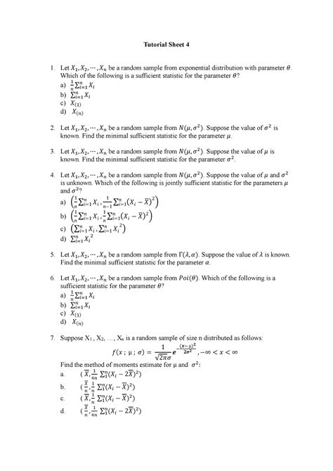 Mtl390 Tutsheet 4 Tutorial Questions On Estimators And Sufficient