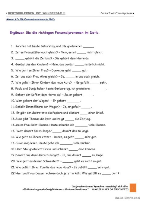 Personalpronomen Im Dativ English Esl Worksheets Pdf