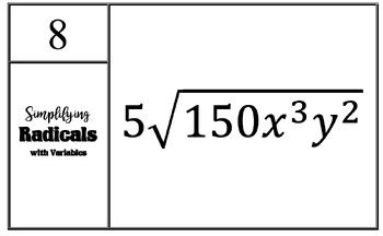 Simplifying Radicals With Variables Task Cards Riddle Activity