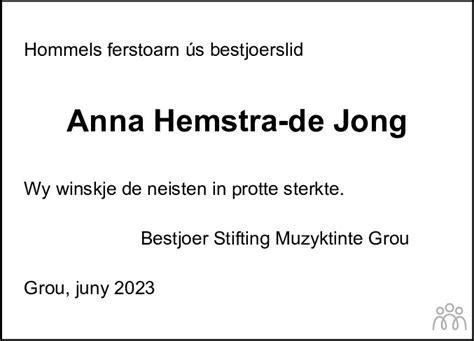 Anna Hemstra Jong 04 06 2023 Overlijdensbericht En Condoleances