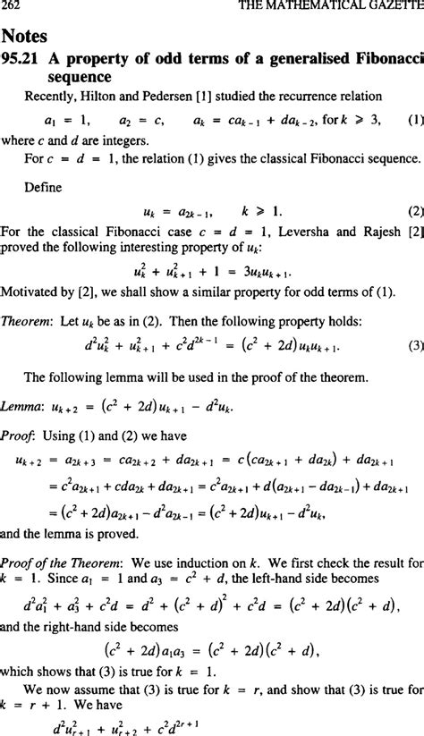 95 21 a property of odd terms of a generalised fibonacci sequence the