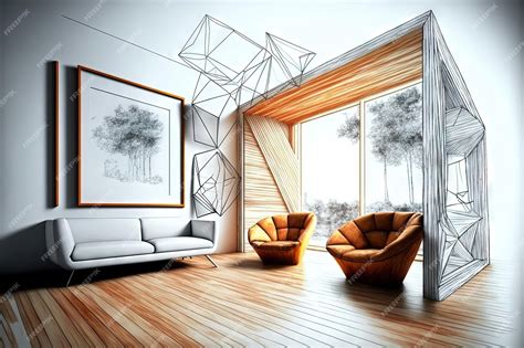 건축가 및 인테리어 디자이너의 개념 현대적인 목재 거실 라운지 대기실 등나무 의자 부스 손으로 그린 초안이 사실이 되는 불완전한