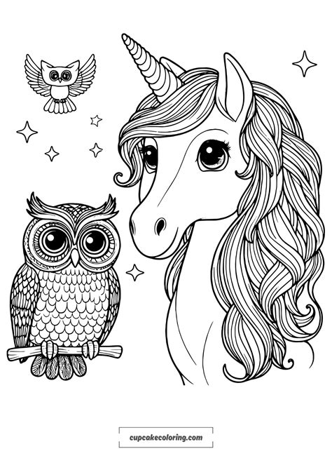 An Adult Realistic Unicorn With An 2 Owls Coloring Images To Print Free