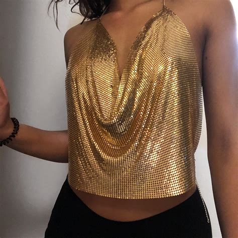 Gold Chainmail Top Backless With Cowl Neck Fits Depop