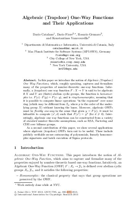 Pdf Algebraic Trapdoor One Way Functions And Their Applications