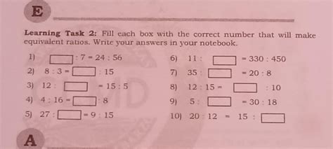learning task 2 fill in each box with the correct number that will make equivalent ratios write