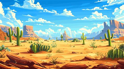 Cartoon Horizontal Desert Background Prairie With Cacti And Blue Sky