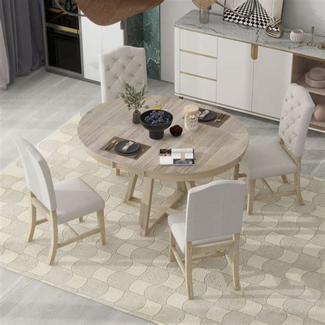 EUROCO PCS Retro Round Dining Table Set Extendable Dining Set For With W Removable