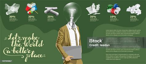 벡터 정보 차트 또는 인포그래픽 다른 재활용 쓰레기의 개념 적 이미지 노트북과 비문을 가진 램프 헤드 남자는 세상을 더 나은 곳으로 만들 수 있습니다 전자폐기물에 대한 스톡