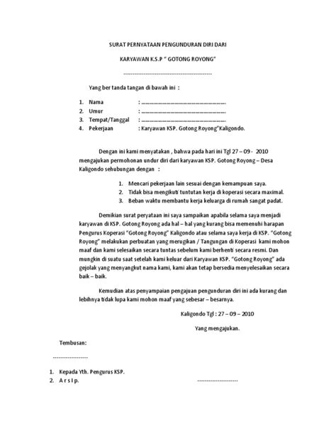 Contoh Surat Pengunduran Diri Dari Anggota Koperasi