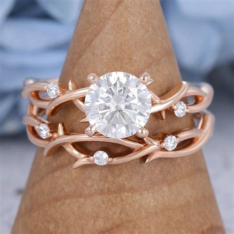 Emerald Cut Moissanite Engagement Ring Set Rose Gold Unique Simple Ring