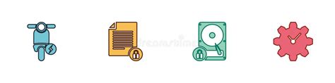 Set Electric Scooter Document And Lock Hard Disk Drive And Time Management Icon Vector Stock