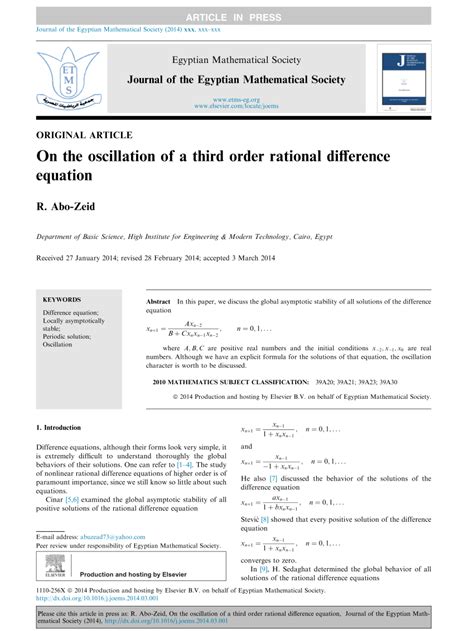 Pdf On The Oscillation Of A Third Order Rational Difference Equation