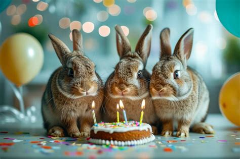 Three Rabbits Are Standing In Front Of Birthday Cake With Lit Candles