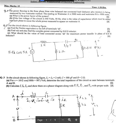 Solved Q 1 The Power Flowing In The Three Phase Three Wire