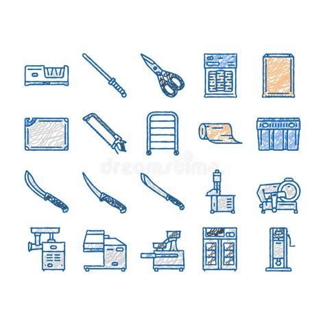 Butcher Food Meat Beef Icons Hand Drawn Stock Illustration