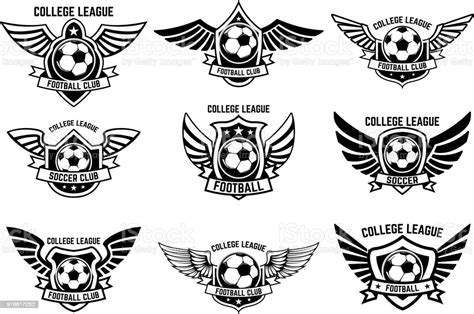 축구공과 날개 달린된 엠 블 럼의 설정 레이블 상징 기호에 대 한 디자인 요소입니다 0명에 대한 스톡 벡터 아트 및 기타 이미지 0명 Championship 개체