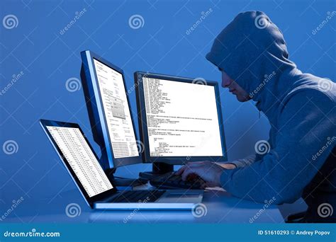 Hacker Using Multiple Computers To Steal Data Stock Image Image Of Fraud Account 51610293