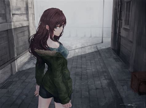 Safebooru 1girl Alley Bare Shoulders Bike Shorts Fur Trim Green Eyes