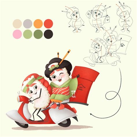 Иллюстрация Гейша ролл и самурай в стиле 2d персонажи реклама