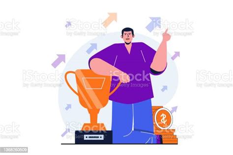 웹 배너 디자인에 대한 비즈니스 어워드 현대 평면 개념 사업가가 황금 컵을 받고 승리를 축하합니다 행복한 남자는 목표를 달성