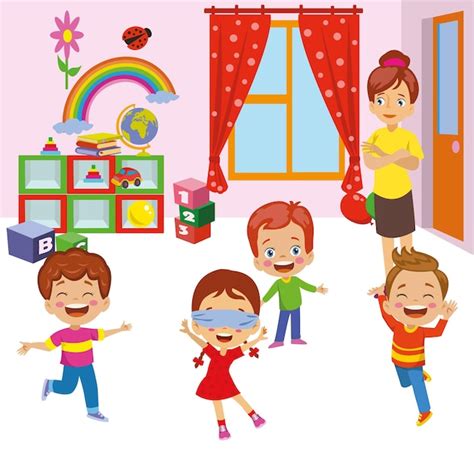 Kinder Spielen Mit Verbundenen Augen Im Klassenzimmer Premium Vektor