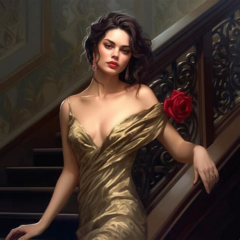 Premium Ai Image A Woman In A Gold Dress Is Standing On A Staircase