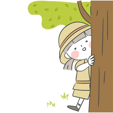 나무 뒤에 서 있는 탐험가 캐릭터의 그림 프리미엄 벡터