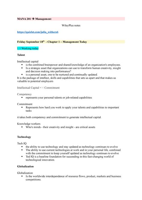 Mana 201 Lecture Notes Mana 201 Management Wileyplus Notes Quizlet Julia Withers Friday