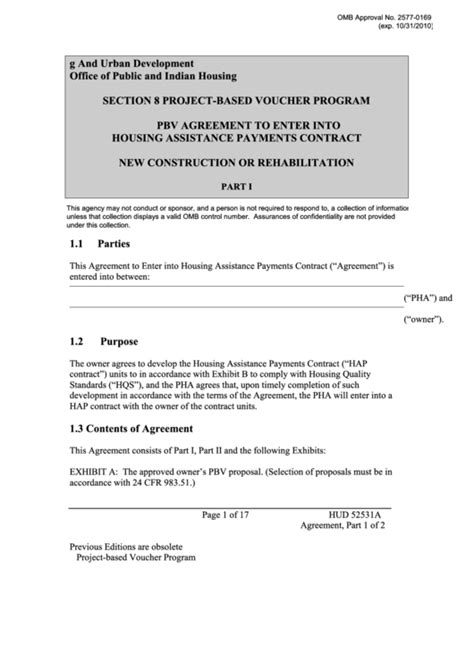 Fillable Form Hud 52531a Pbv Agreement To Enter Into Housing Assistance Payments Contract