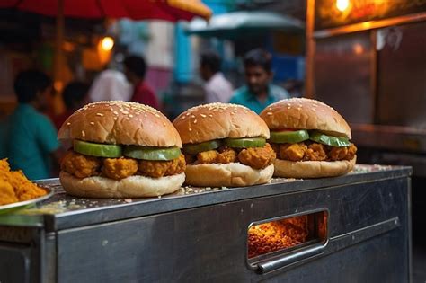 Vada Pav In A Street Food Stall Setting Premium Ai Generated Image