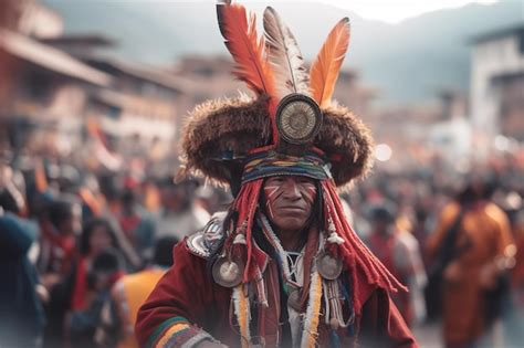 Premium Ai Image A Man Wearing A Feather Headdress And Feathers On
