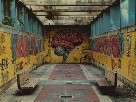 Dilapidated Tunnel Showcasing Surreal Brain Mural And Graffiti Art