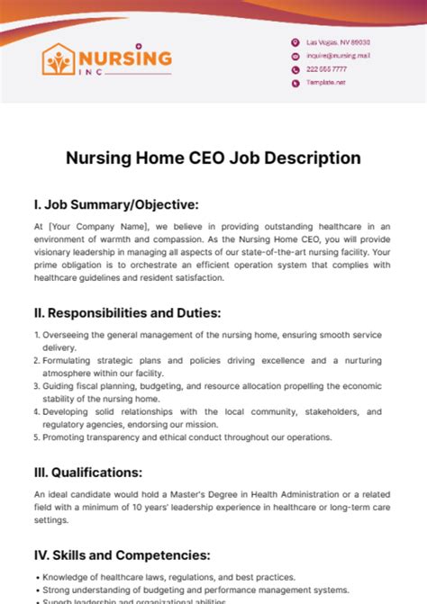 Free Nursing Home Ceo Job Description Template To Edit Online