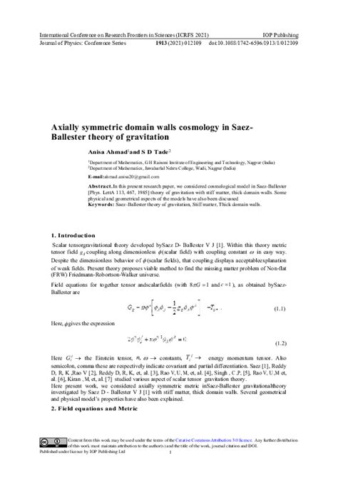 Pdf Axially Symmetric Domain Walls Cosmology In Saez Ballester Theory Of Gravitation