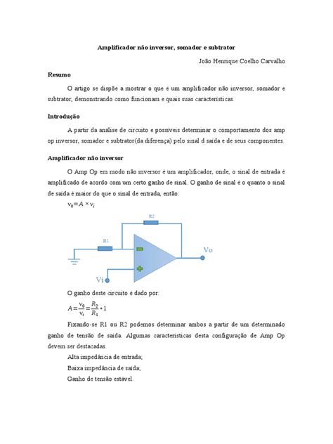 Amplificador Não Inversor Pdf Amplificador Operacional Eletrônicos